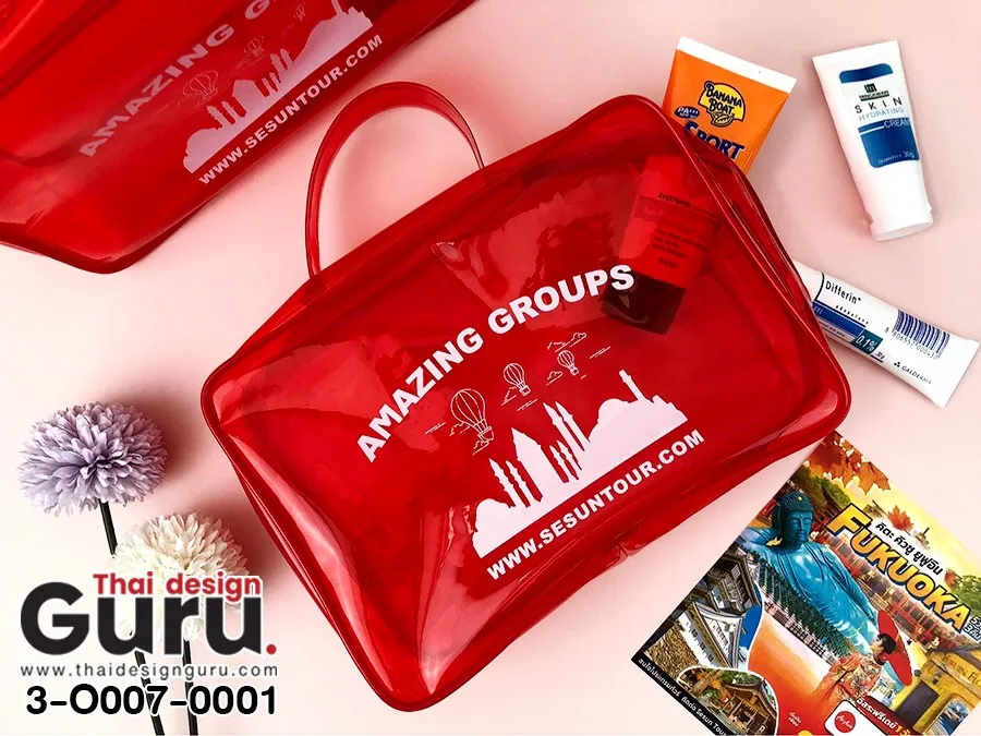 รับผลิตกระเป๋าพลาสติกแดงใส ซิปรูด สกรีนโลโก้ amazing groups