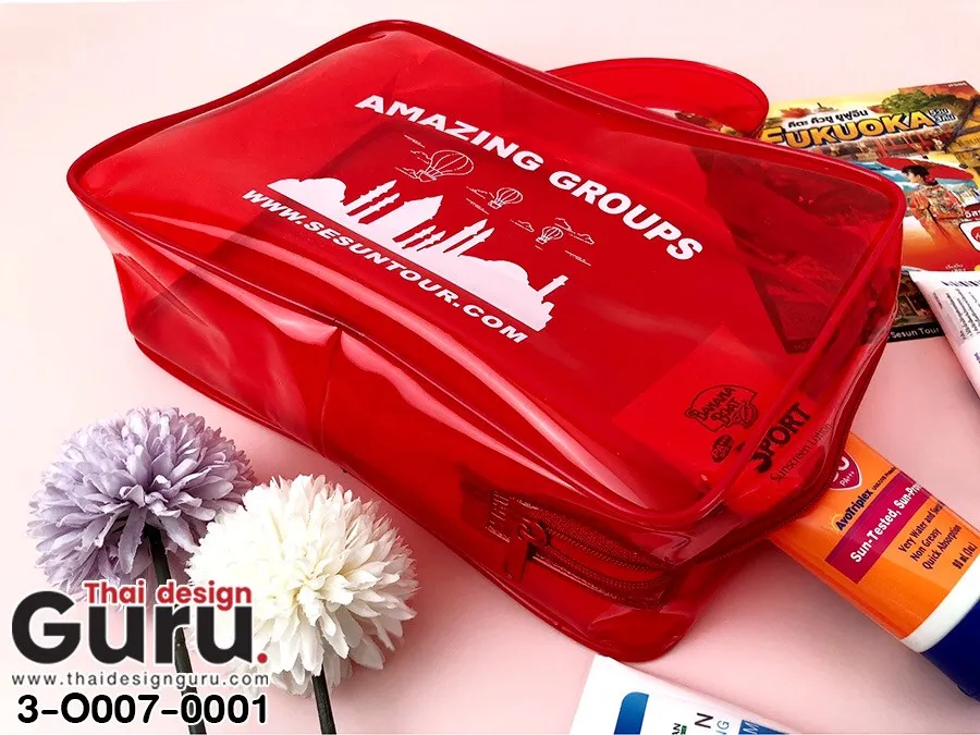 รับผลิตกระเป๋าพลาสติกแดงใส ซิปรูด สกรีนโลโก้ amazing groups