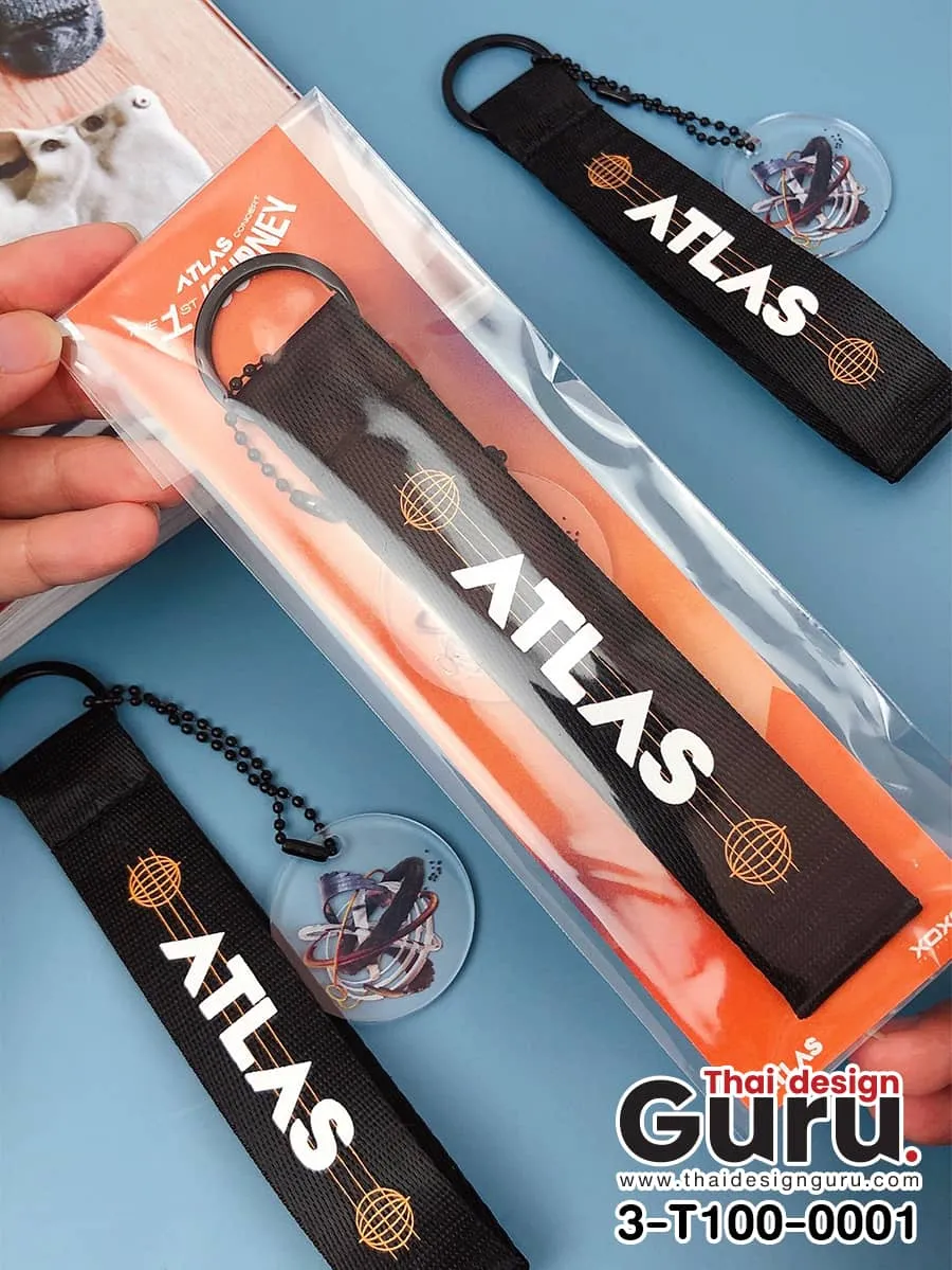 รับผลิตพวงกุญแจสายไนล่อนก้างปลาสีดำสกรีนลายAtlas พร้อมจี้อะคริลิก