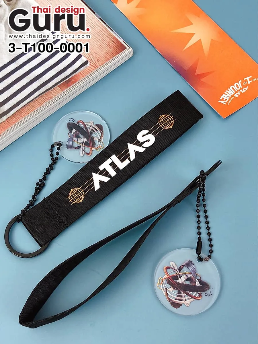รับผลิตพวงกุญแจสายไนล่อนก้างปลาสีดำสกรีนลายAtlas พร้อมจี้อะคริลิก