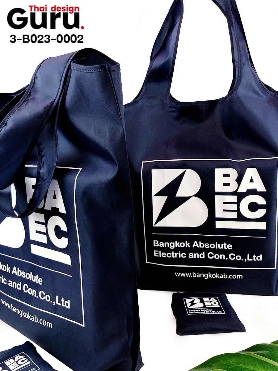 รับผลิตถุงผ้าพับได้ทรงย่าม ผ้าร่มสีกรมท่า สกรีน BAEC