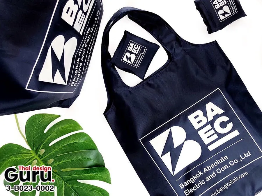 รับผลิตถุงผ้าพับได้ทรงย่าม ผ้าร่มสีกรมท่า สกรีน BAEC