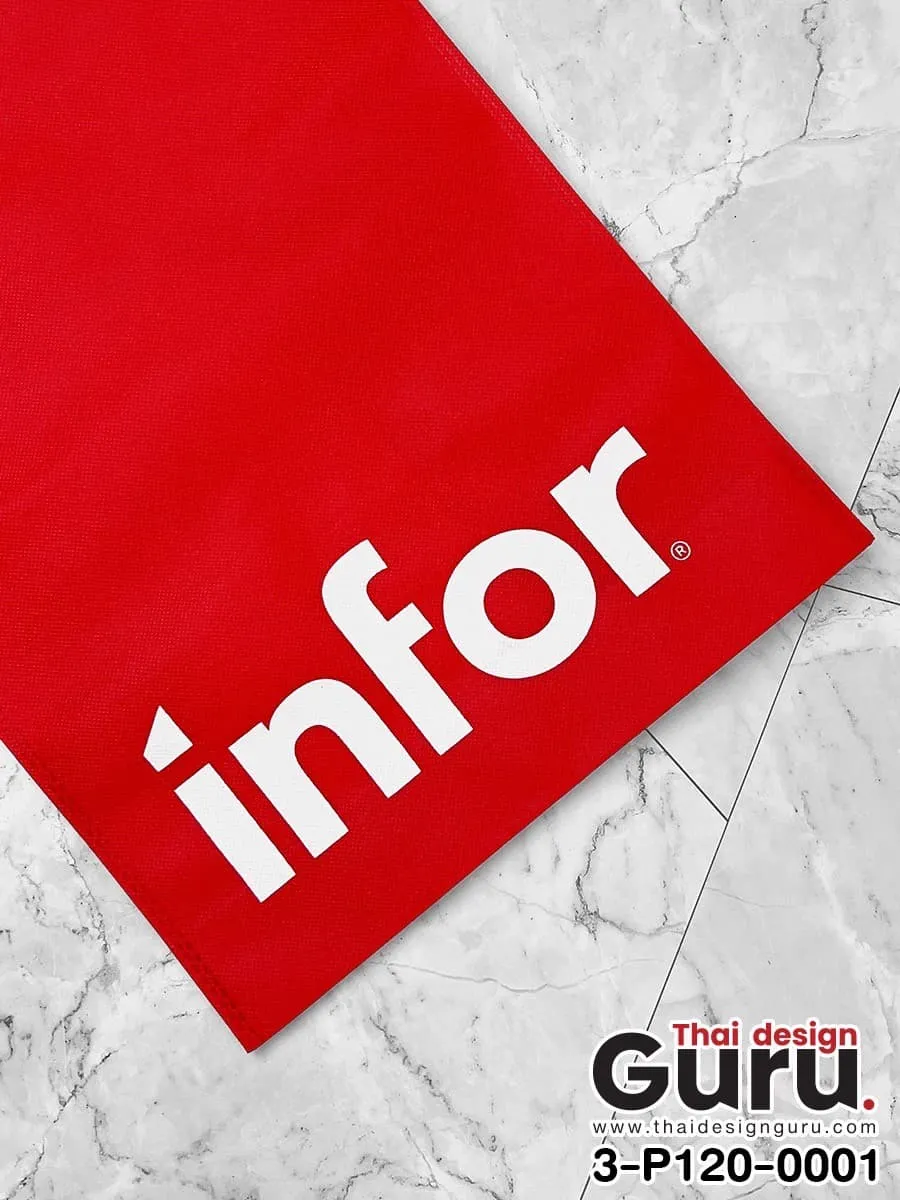 รับทำถุงผ้าสปันบอนด์ทรงช้อปปิ้งแนวตั้ง ขนาดสำเร็จ สีแดง สกรีนโลโก้infor ...