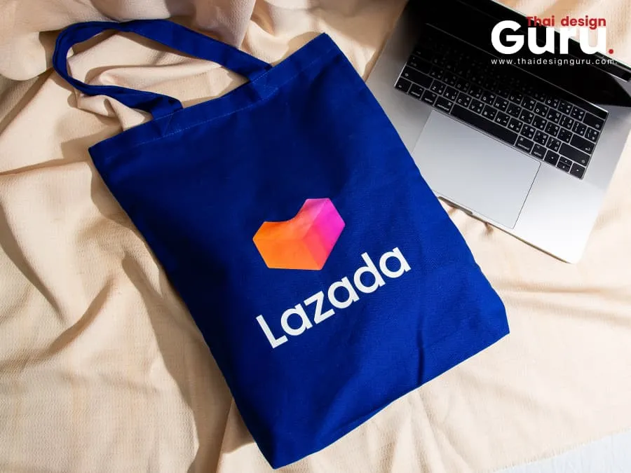 ผลิตกระเป๋าผ้าcanvas Tote สีน้ำเงิน พิมพ์ Lazada