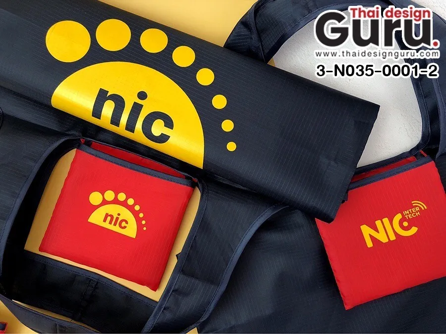 สั่งทำถุงผ้าร่มพับได้แฟชั่น 2 โทน ของที่ระลึกแจกทรงถุงย่าม สกรีนโลโก้ nic