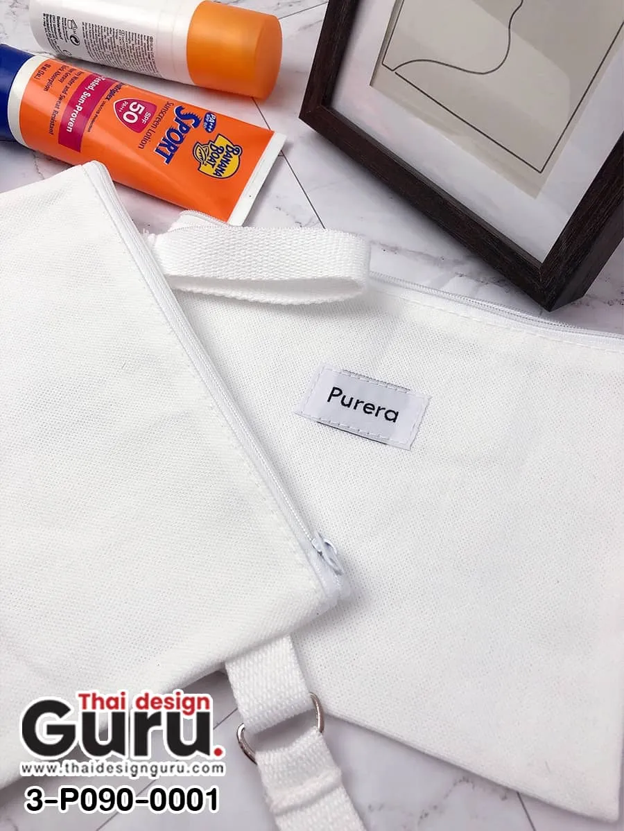 รับผลิตกระเป๋าผ้าดิบซองซิป สีขาว พร้อมป้ายปักลาย แบรนด์ Purera