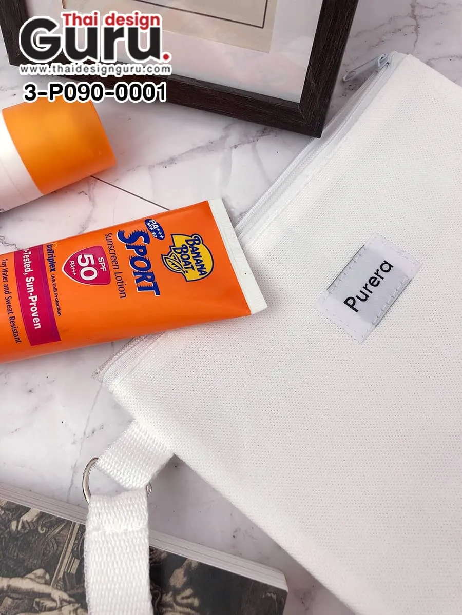 รับผลิตกระเป๋าผ้าดิบซองซิป สีขาว พร้อมป้ายปักลาย แบรนด์ Purera