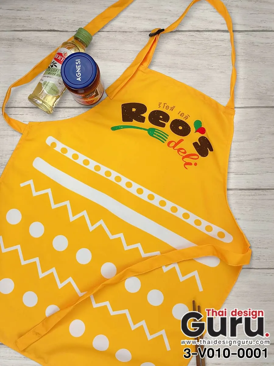 รับผลิตผ้ากันเปื้อนแม่ครัว สีเหลือง ผ้าแคนวาส สกรีนลาย แบรนด์ Reo's