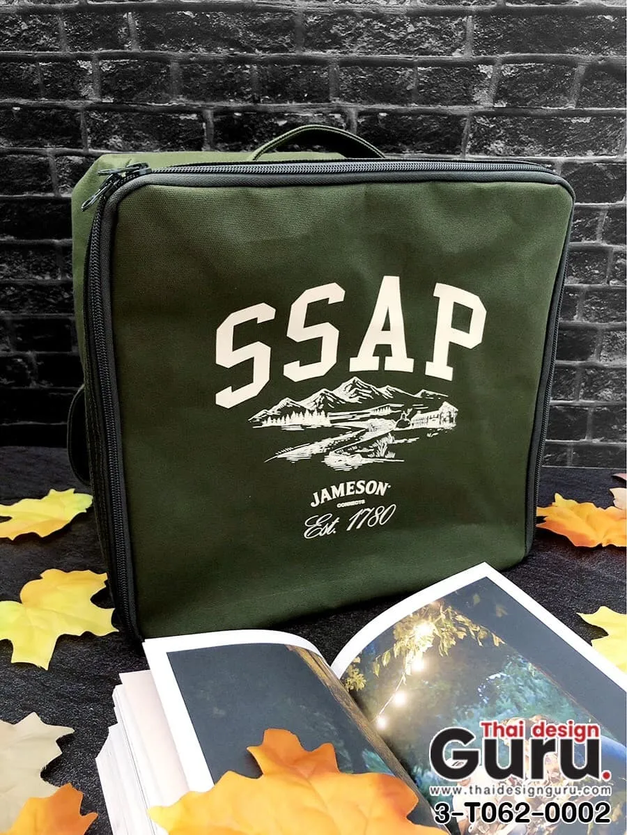 รับทำกระเป๋าผ้าซิปพร้อมหูหิ้ว สไตล์แคมป์ปิ้ง สกรีนโลโก้ SSAP